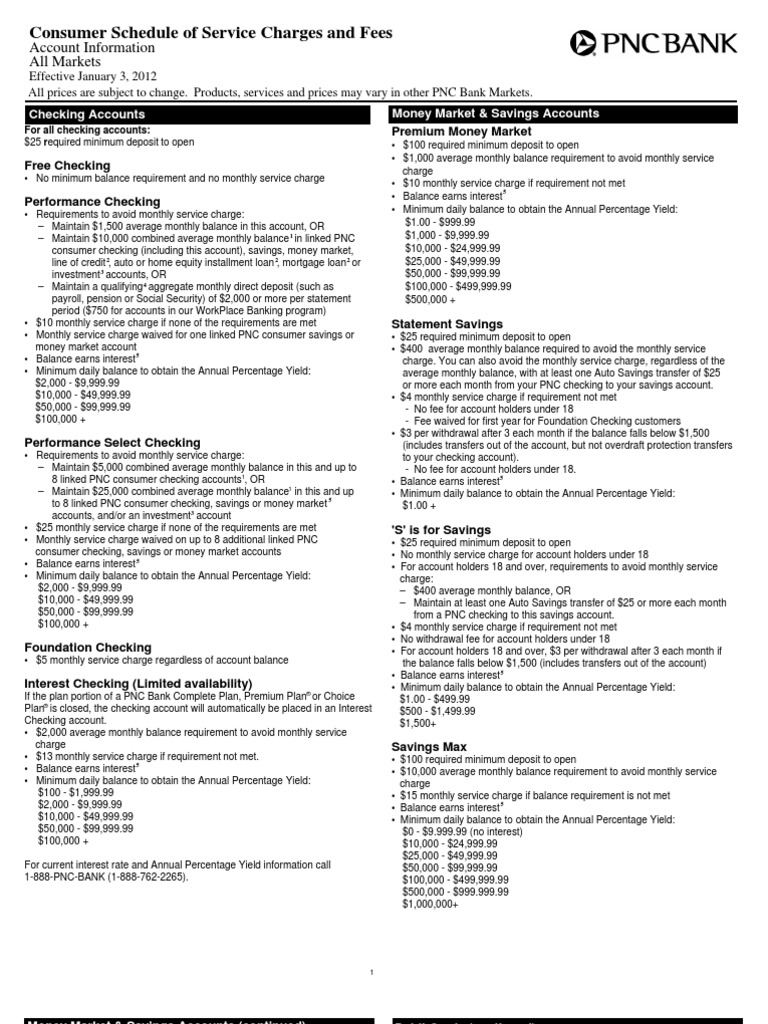PNC - Consumer Schedule of Service Charges and Fees | PDF | Overdraft ...