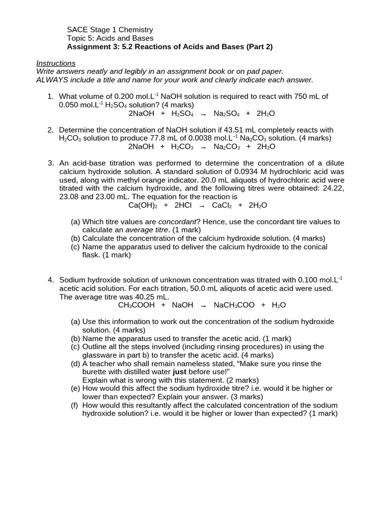 Topic 5 Assignment 3 (Reactions of Acids and Bases, Titrations) | PDF ...