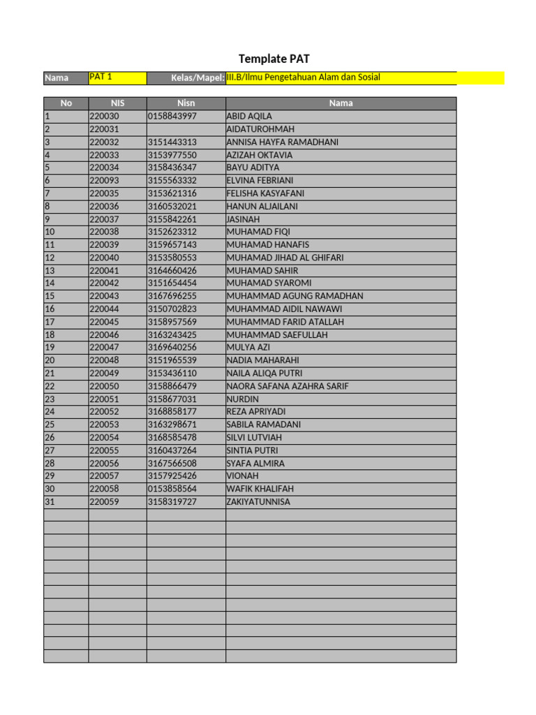 Template PAT Kelas III.B IPA-IPS | PDF