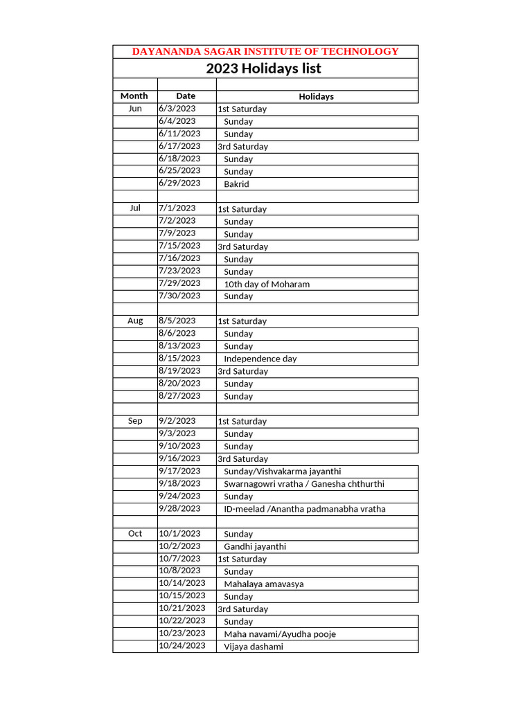 2023 Holiday Schedule for Dayananda Sagar Institute | PDF