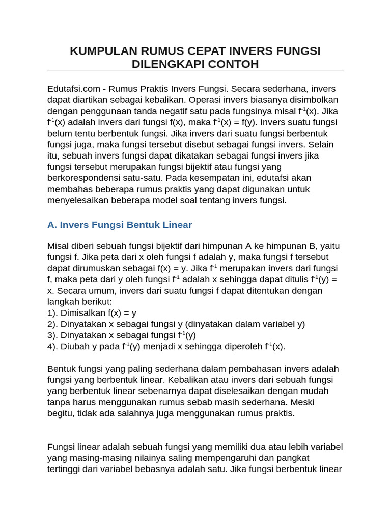 Kumpulan Rumus Cepat Invers Fungsi Dilengkapi Contoh | PDF