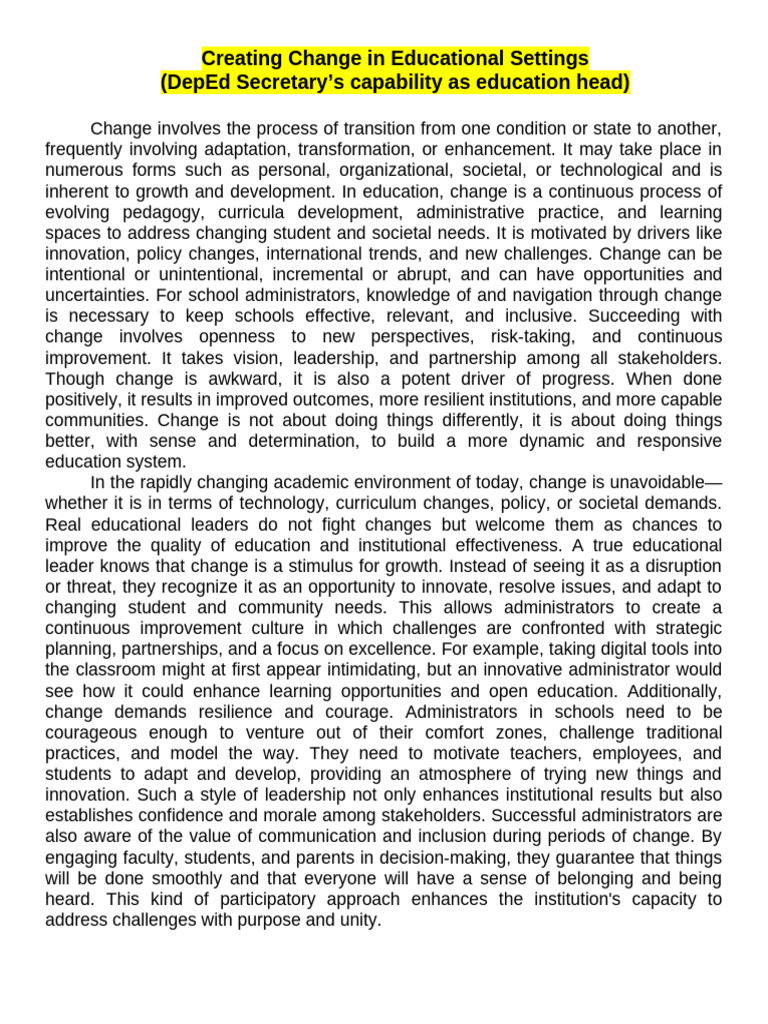 Creating Change in Educational Settings - FINAL | PDF | Climate ...