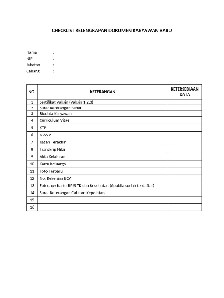 Checklist Dokumen Karyawan Baru | PDF