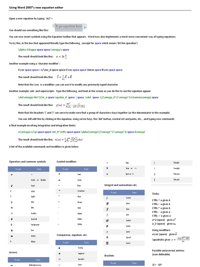 Word 2007 - Equation Shortcuts | PDF | Collation | Western Calligraphy