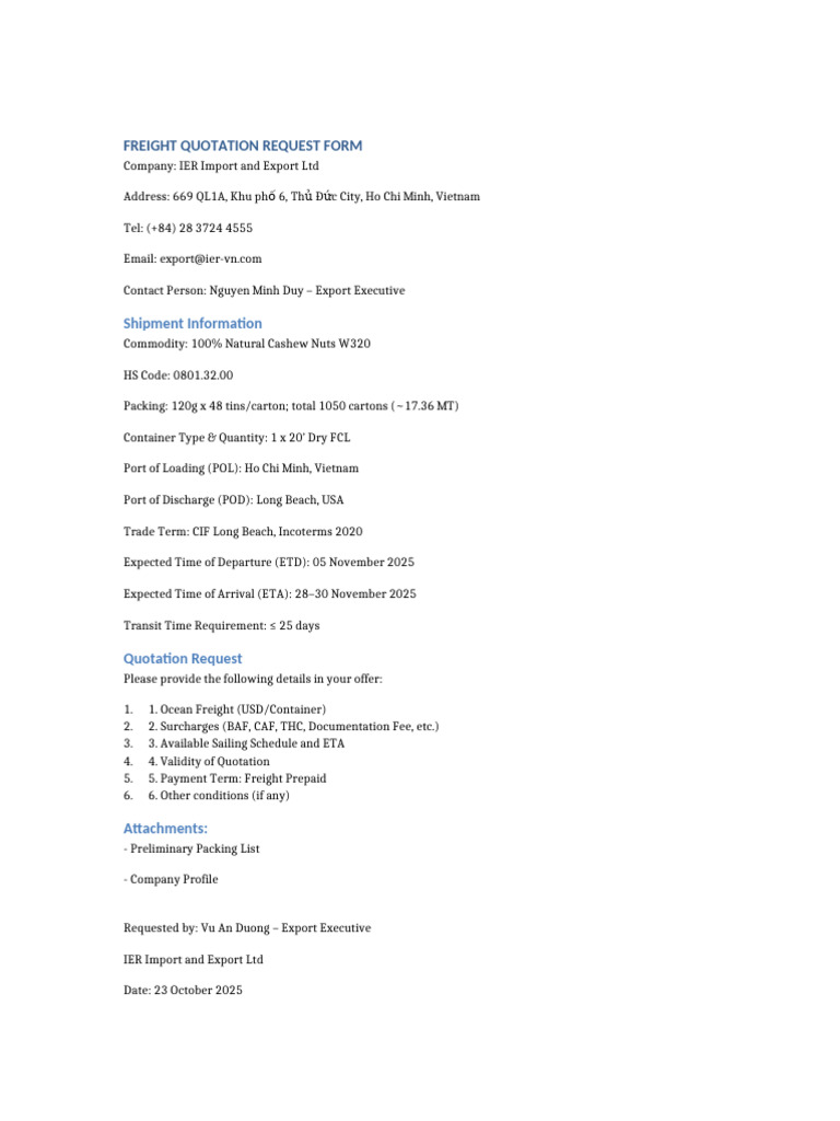 Freight Quotation Request Form IER | PDF