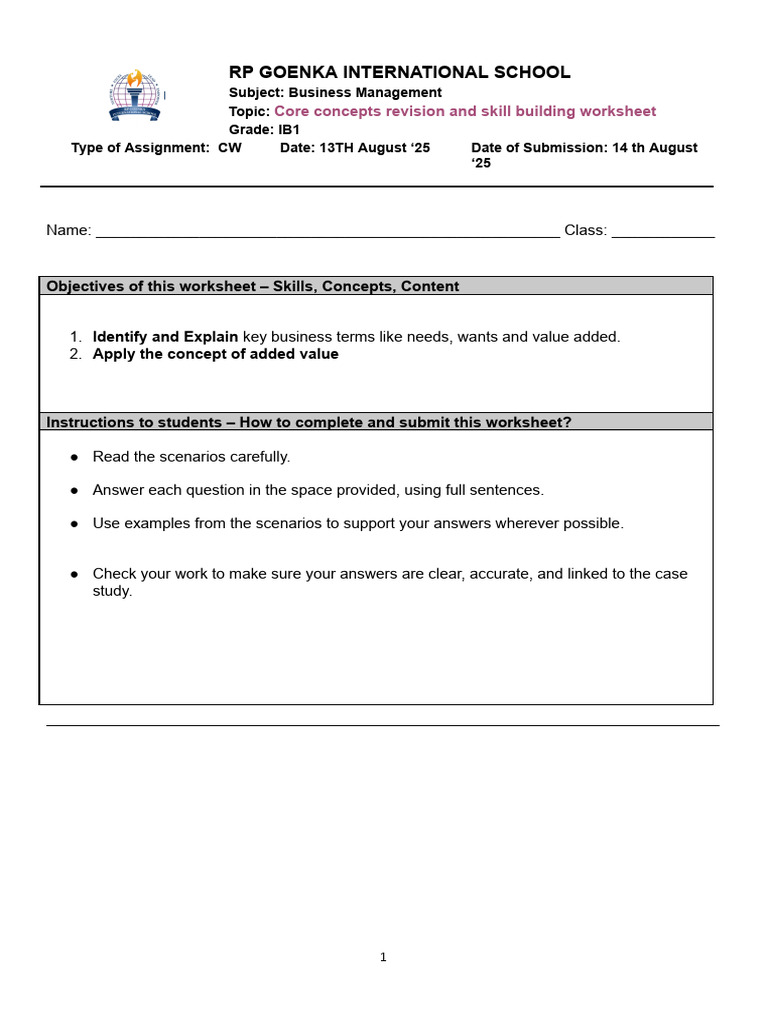 Core Concepts Revision and Skill Building Worksheet | PDF