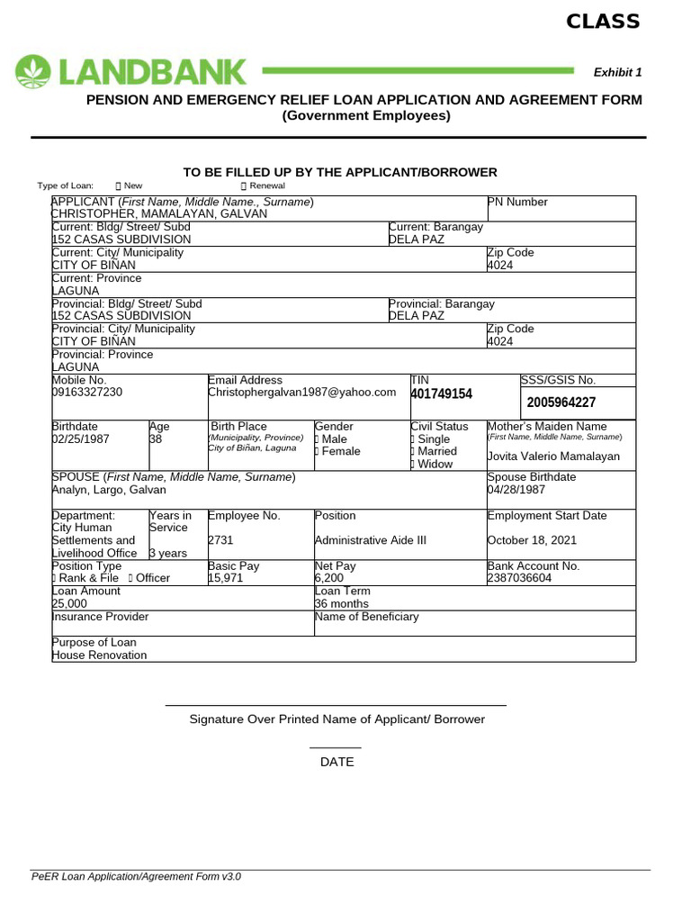 PEER Loan Application and Agreement Form For Government Employees ...