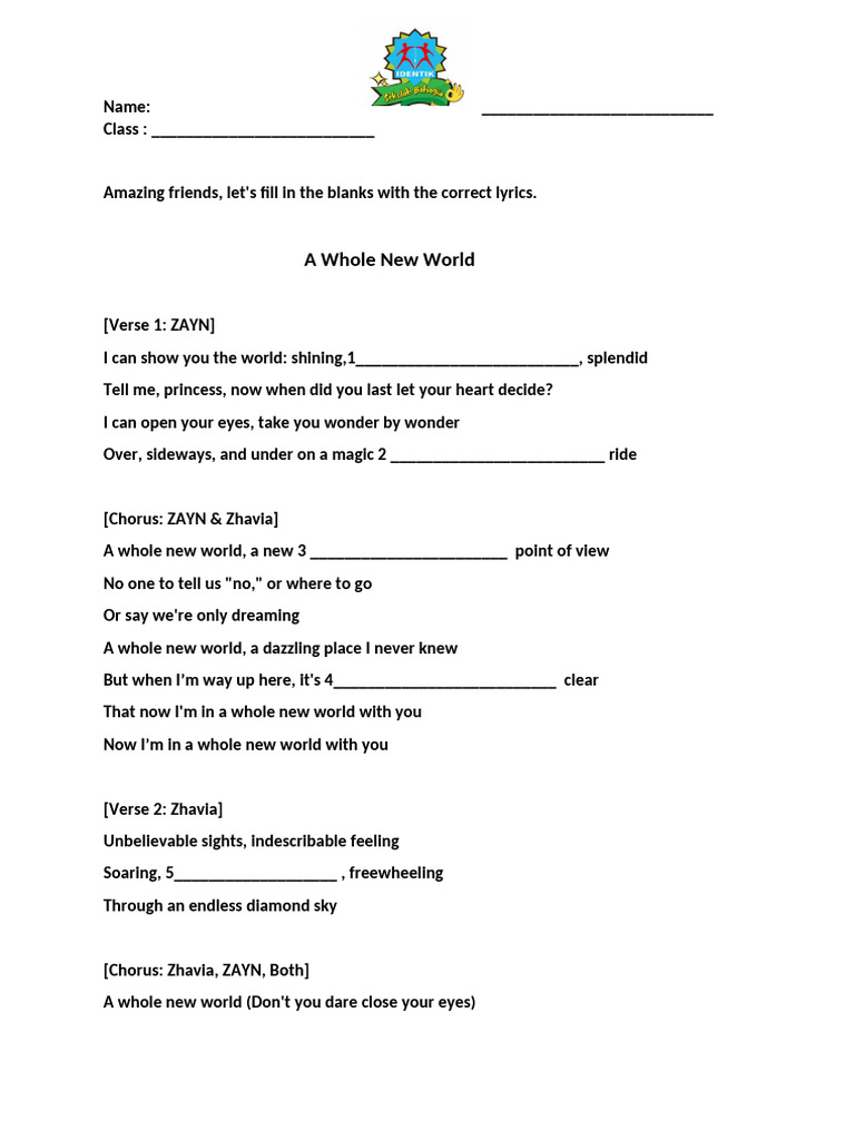 A Whole New World Lyrics Fill-in | PDF
