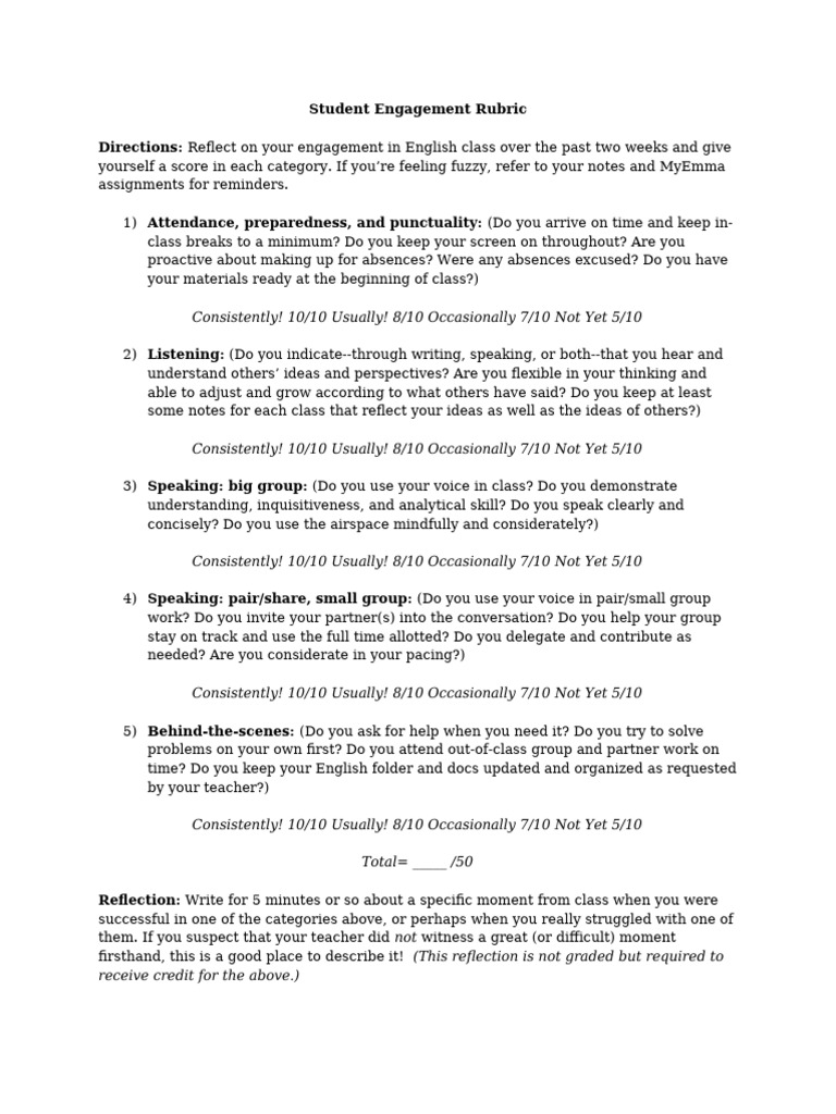 Student Engagement Self-Assessment Tool | PDF