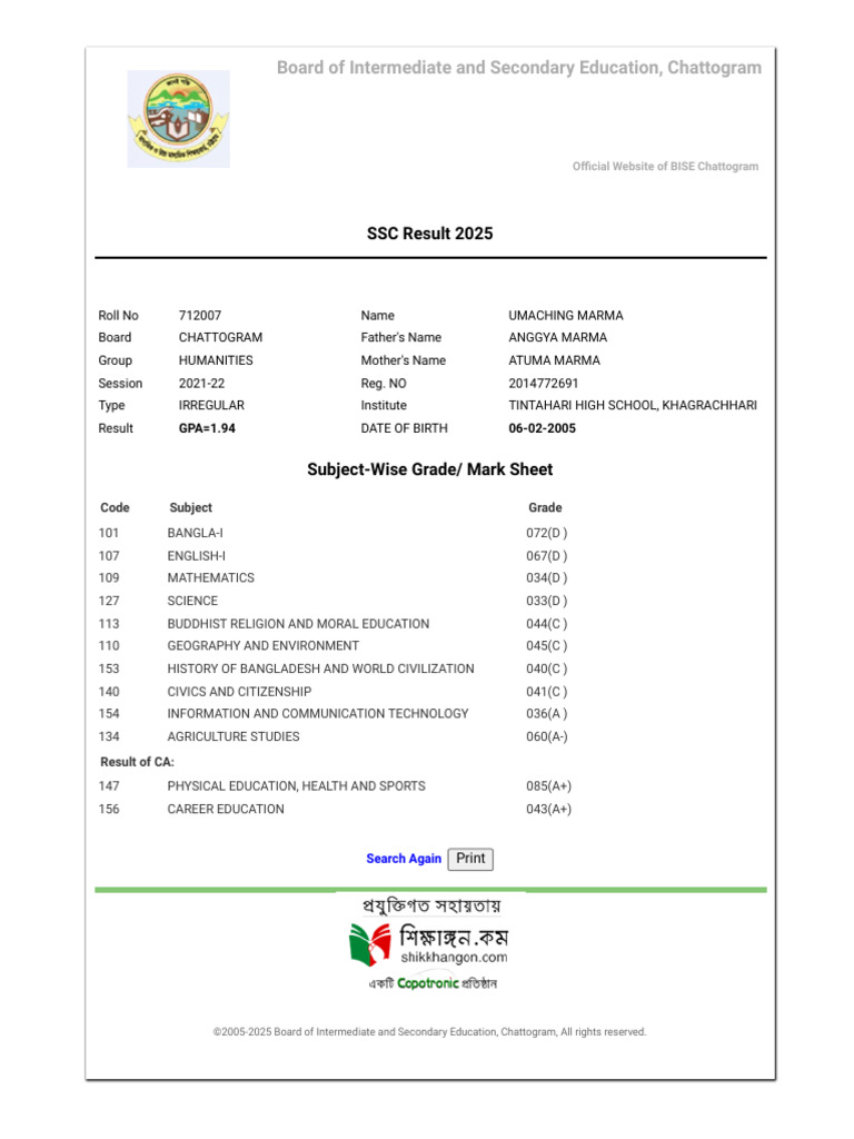 SSC Result BISE Chattogram | PDF