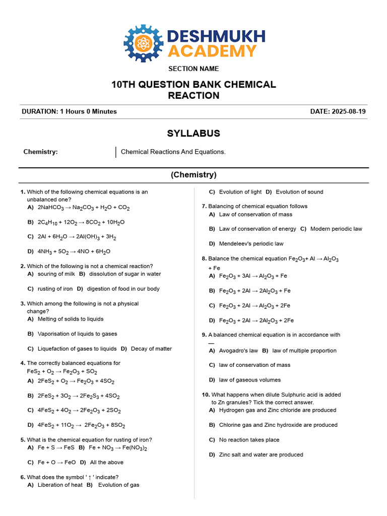 10th Question Bank Chemical Reaction | PDF | Chemistry | Iron