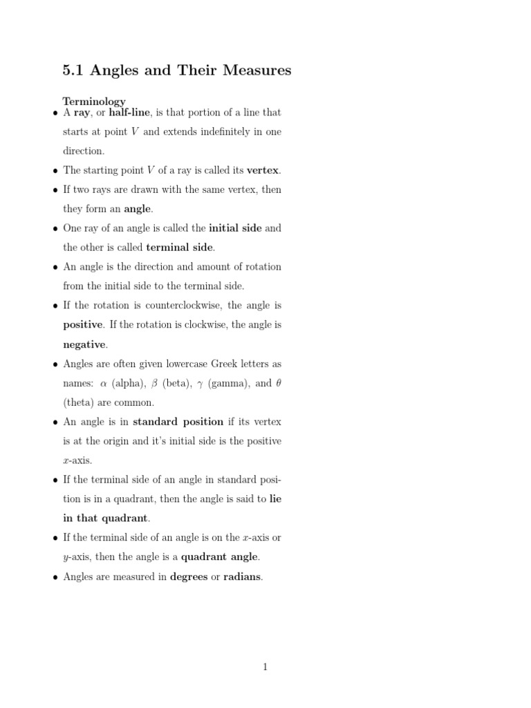 5.1 Angles and Their Measures: Terminology Ray Half-Line | PDF | Angle ...