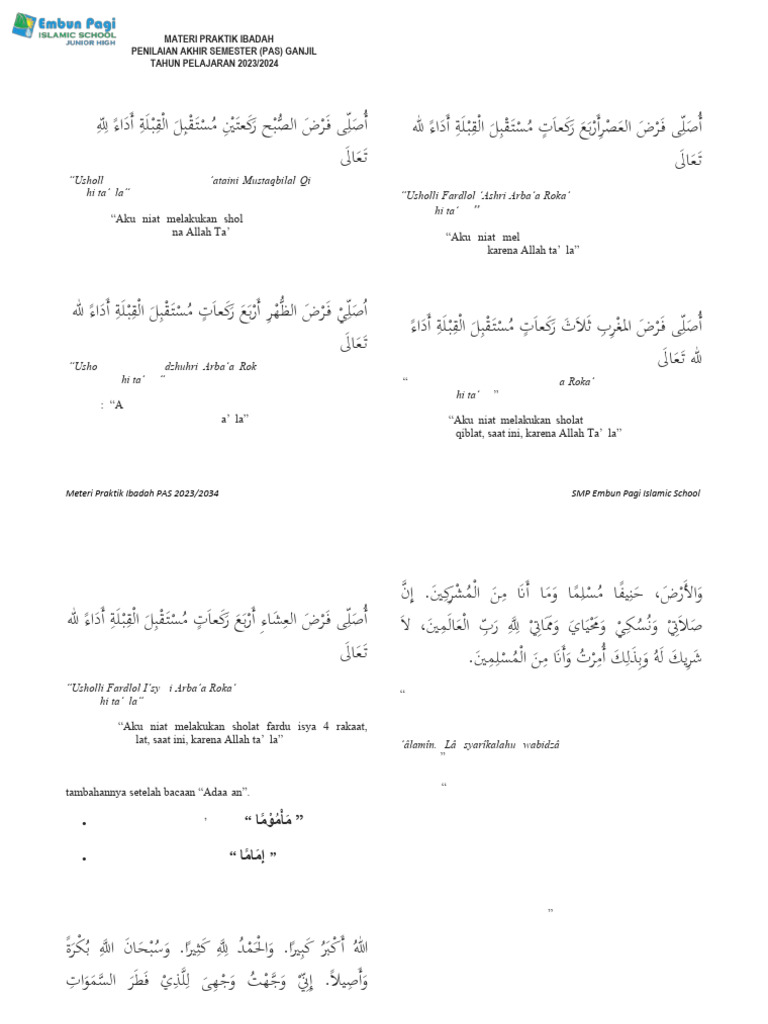 Panduan Niat dan Doa Sholat SMP | PDF