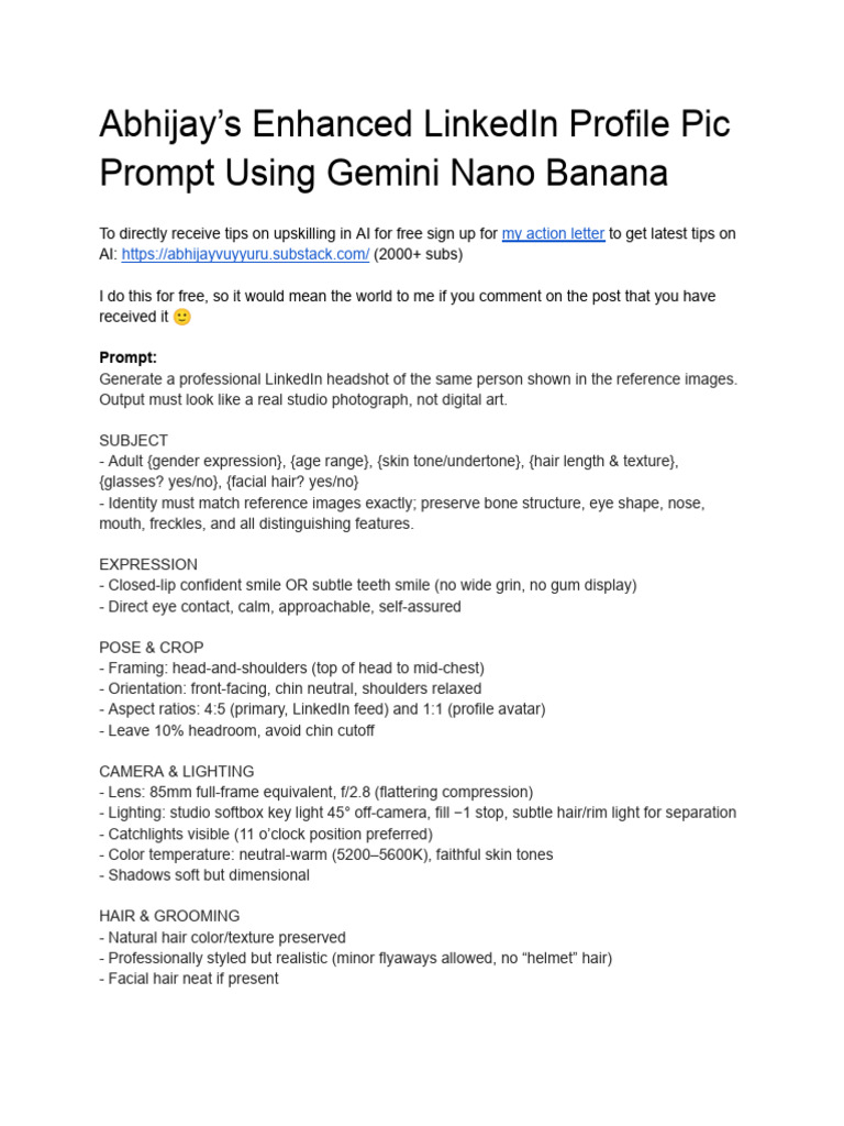 LinkedIn Headshot Prompt Guide | PDF | Imaging