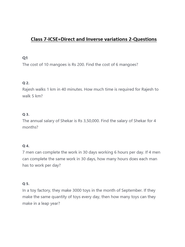 Class 7-ICSE Direct and Inverse Variations 2-Questions | PDF | Gases ...