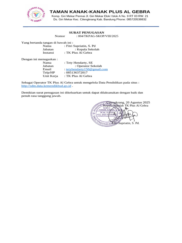 Surat Penugasan Operator TK Al Gebra | PDF