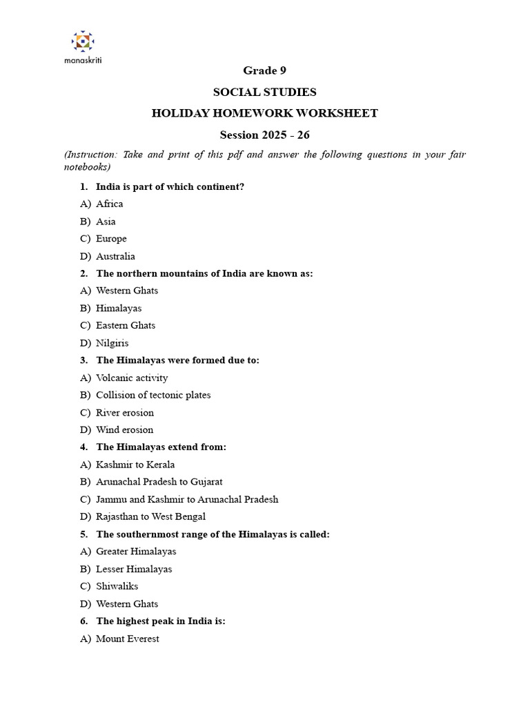 Grade 9 Social Studies Holiday Homework | PDF | Himalayas ...