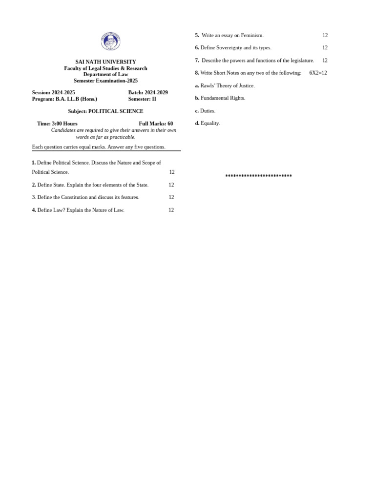 BALLb 2nd Sem End Exam Question Paper Set - A BATCH - 2024-29 | PDF