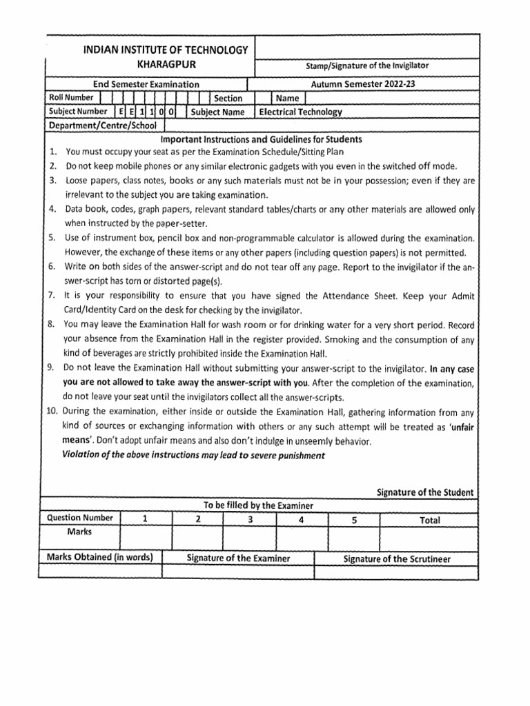 2023 End Autumn Electrical Engg EE1100 Electrical Technology EA 2023 | PDF
