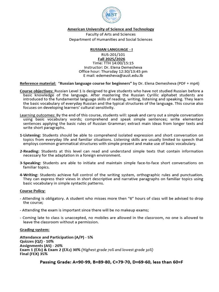 Russian Language Course Syllabus 2025 | PDF | Vocabulary | Russian Language