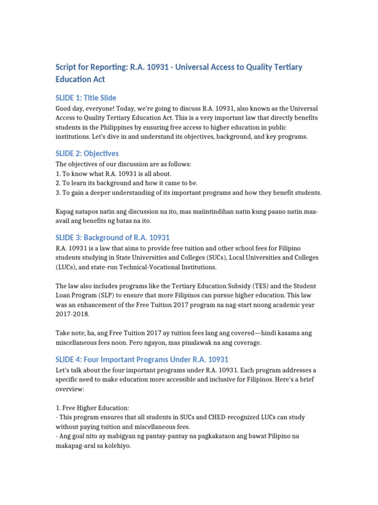 R.A. 10931: Access to Free Education | PDF | Vocational Education ...