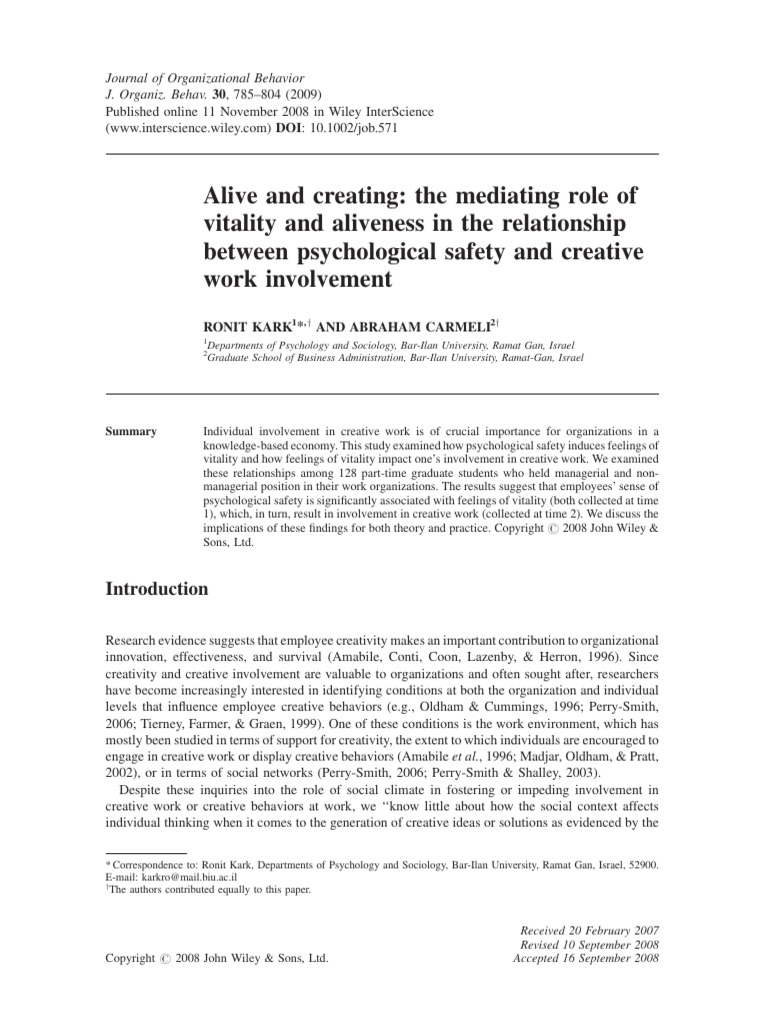 Psychological Safety and Creative Vitality | PDF | Creativity | Affect ...