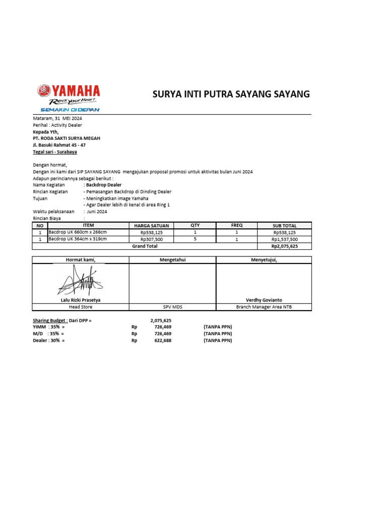 Proposal Promosi Backdrop Dealer Yamaha | PDF