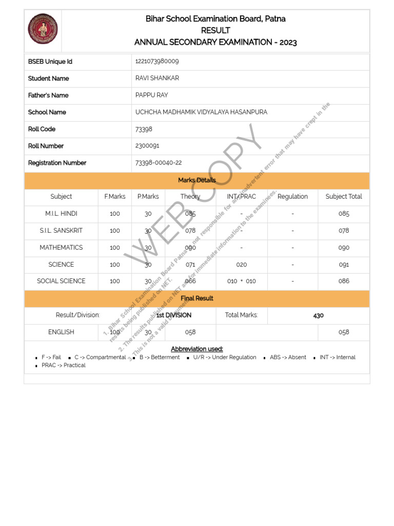 Ravi Shankar Result 2023 | PDF | Secondary Education | Student ...