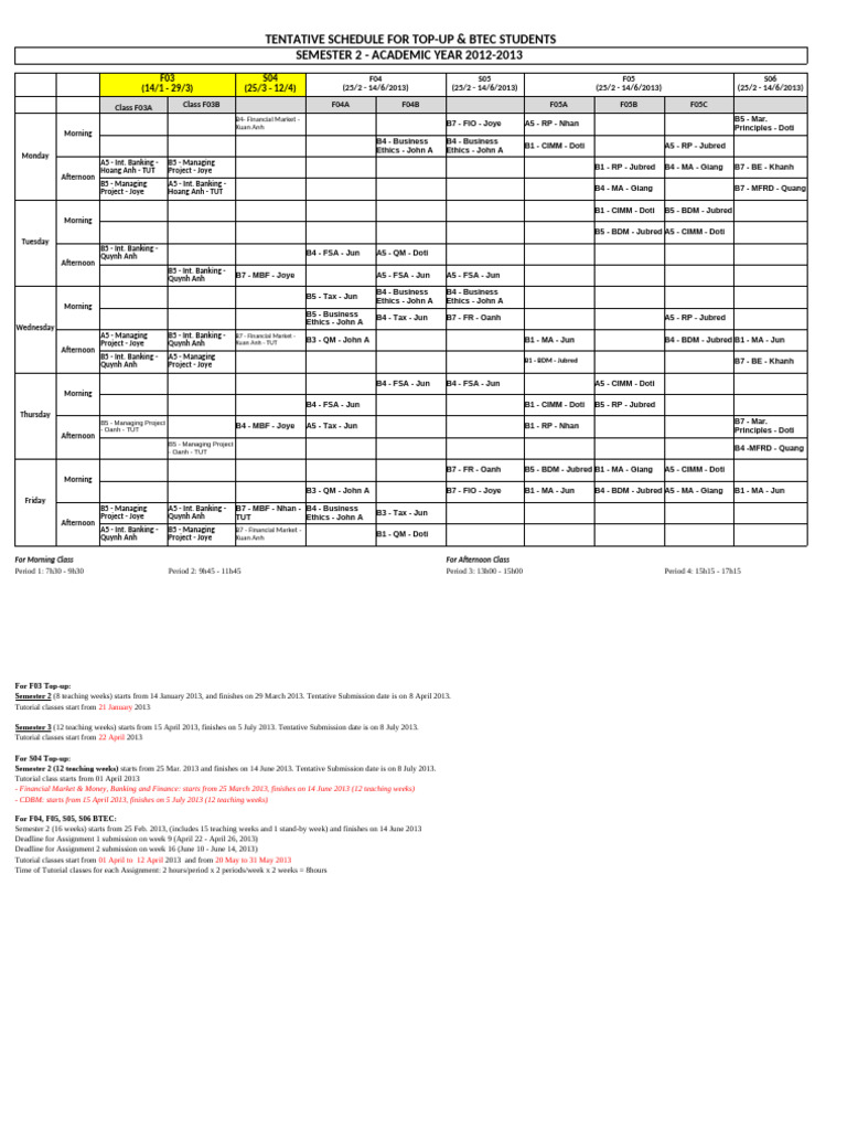 BTEC Top-Up Timetable - Semester 2 - 2012-2013 | PDF