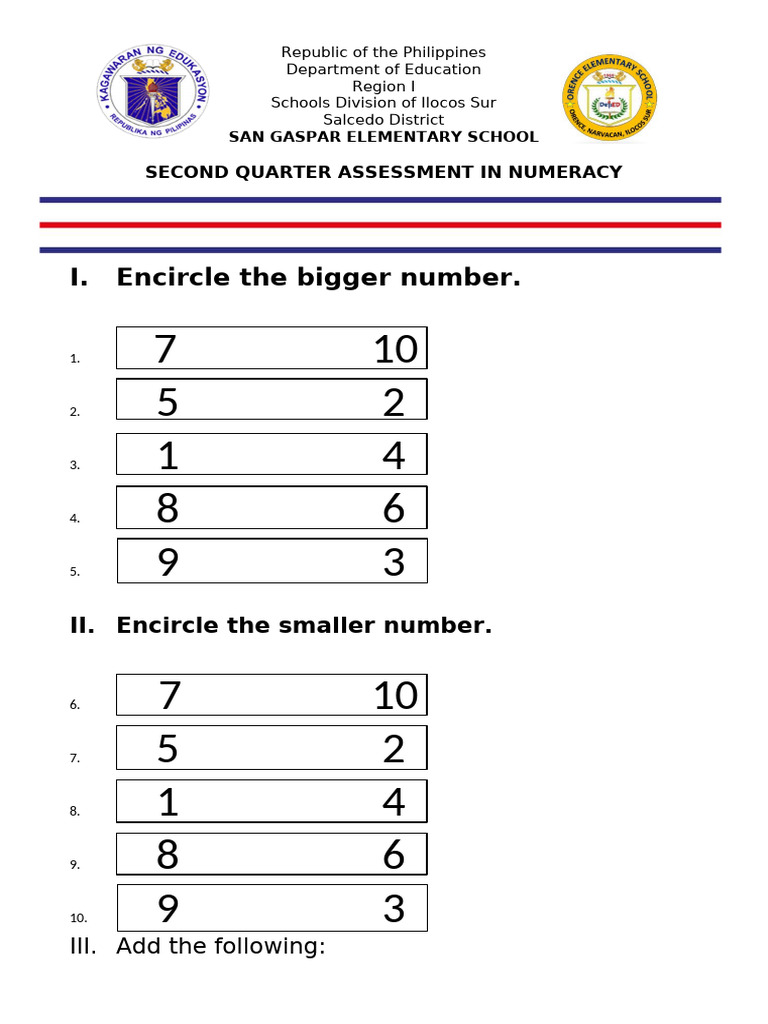 Second Quarter Numeracy Assessment | PDF