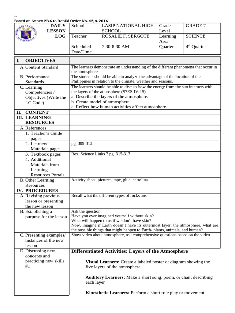 Grade 7 Science Daily Lesson Log | PDF | Atmosphere Of Earth | Atmosphere