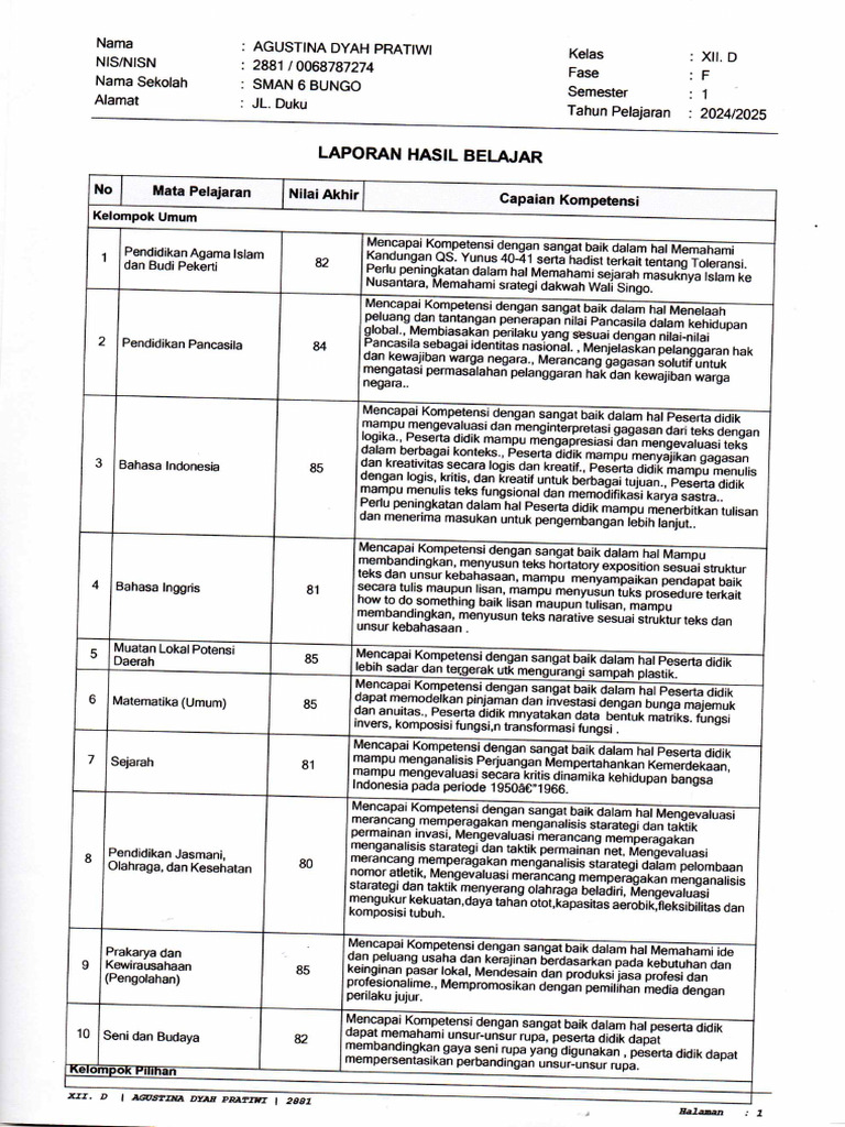 Rapor Agustina Dyah P Semester 5 | PDF