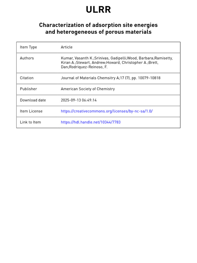 Characterization of Adsorption Site Energies and Heterogeneous Surfaces of Porous Materials ...