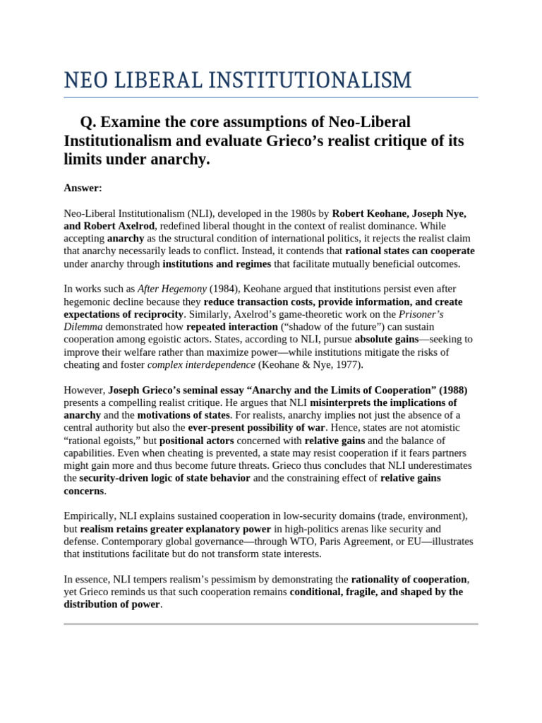 Neo Liberal Institutionalism | PDF | Evolution | Liberal Arts Education