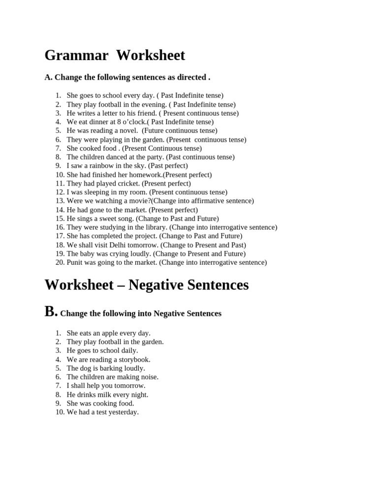 Grammar Worksheet: A. Change The Following Sentences As Directed | PDF ...