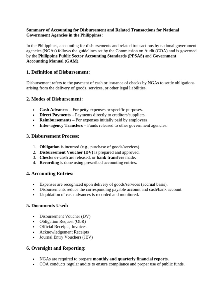 Summary of Accounting For Disbursement and Related Transactions For ...