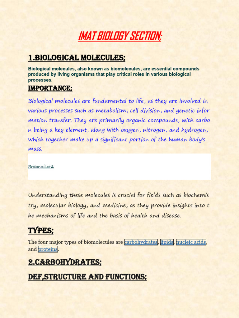 Imat Biology Section Part One Biological Molecules Part One ...