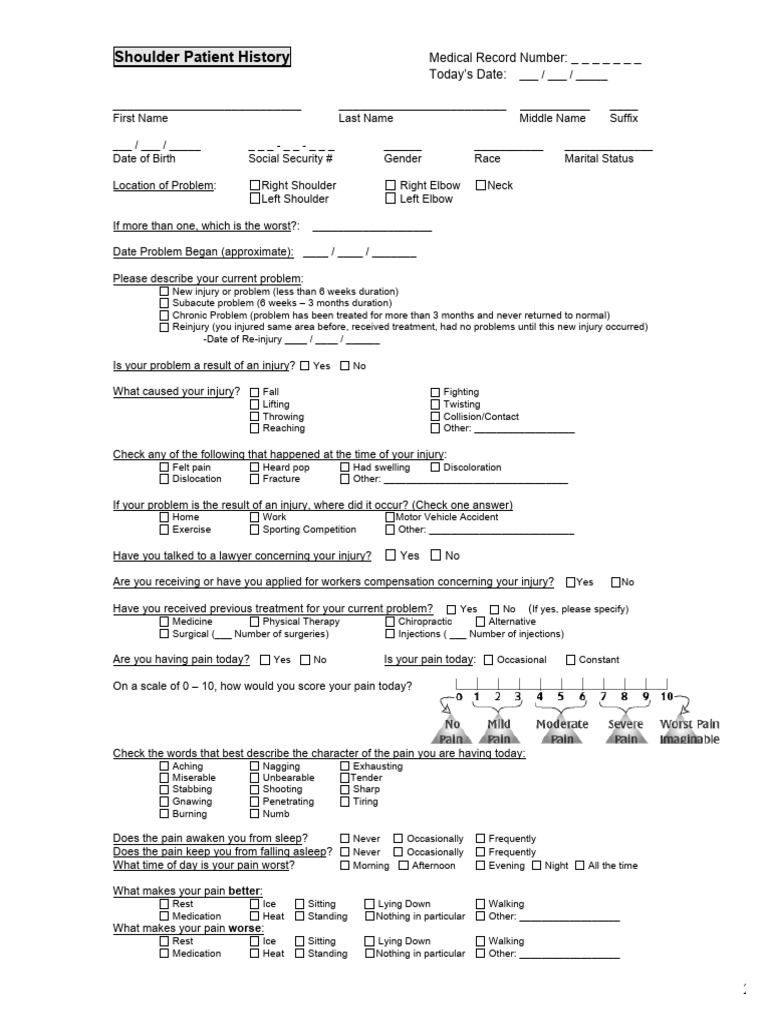 Shoulder Patient History Form | PDF | Knee | Hypertension