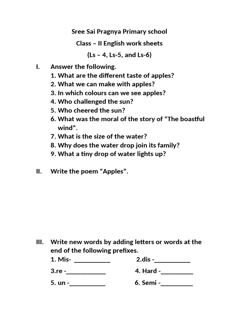 Class II English Worksheets for Kids | PDF