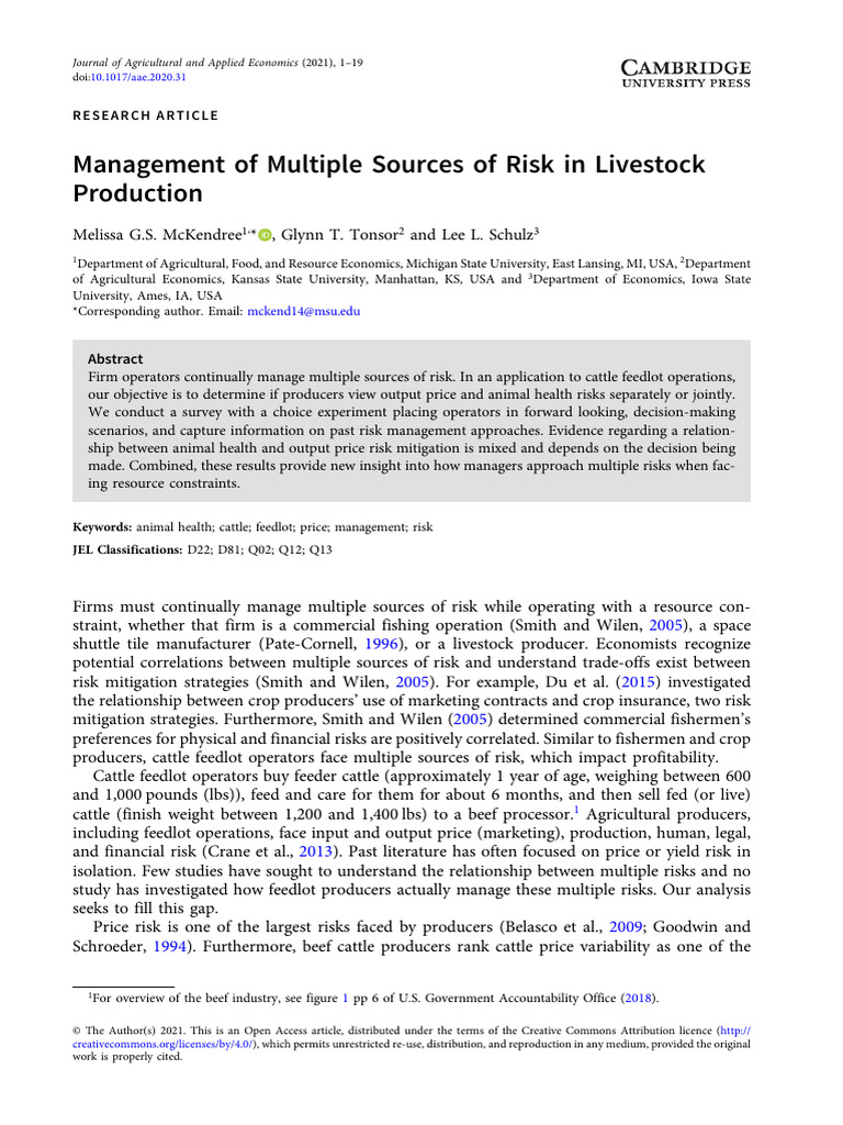 Management of Multiple Sources of Risk in Livestoc | PDF | Risk | Hedge ...