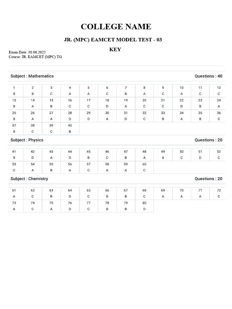 JR (MPC) Eamcet Model Test - 03 Key & Solutions (30.06.2025) TG | PDF