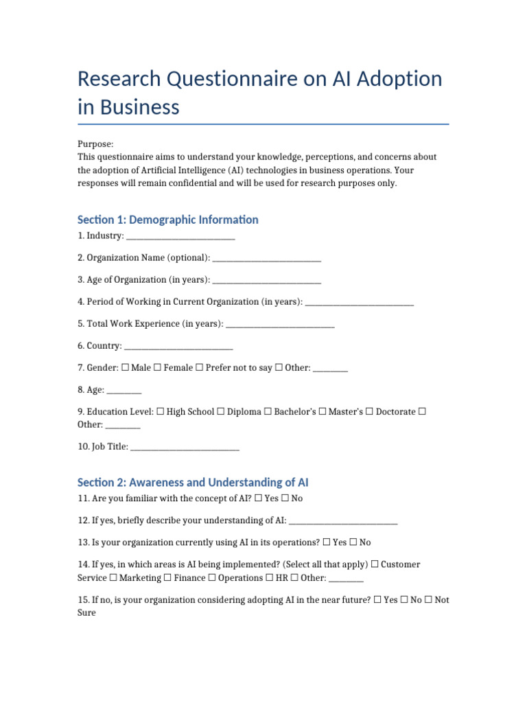 AI Adoption Research Questionnaire | PDF | Artificial Intelligence ...