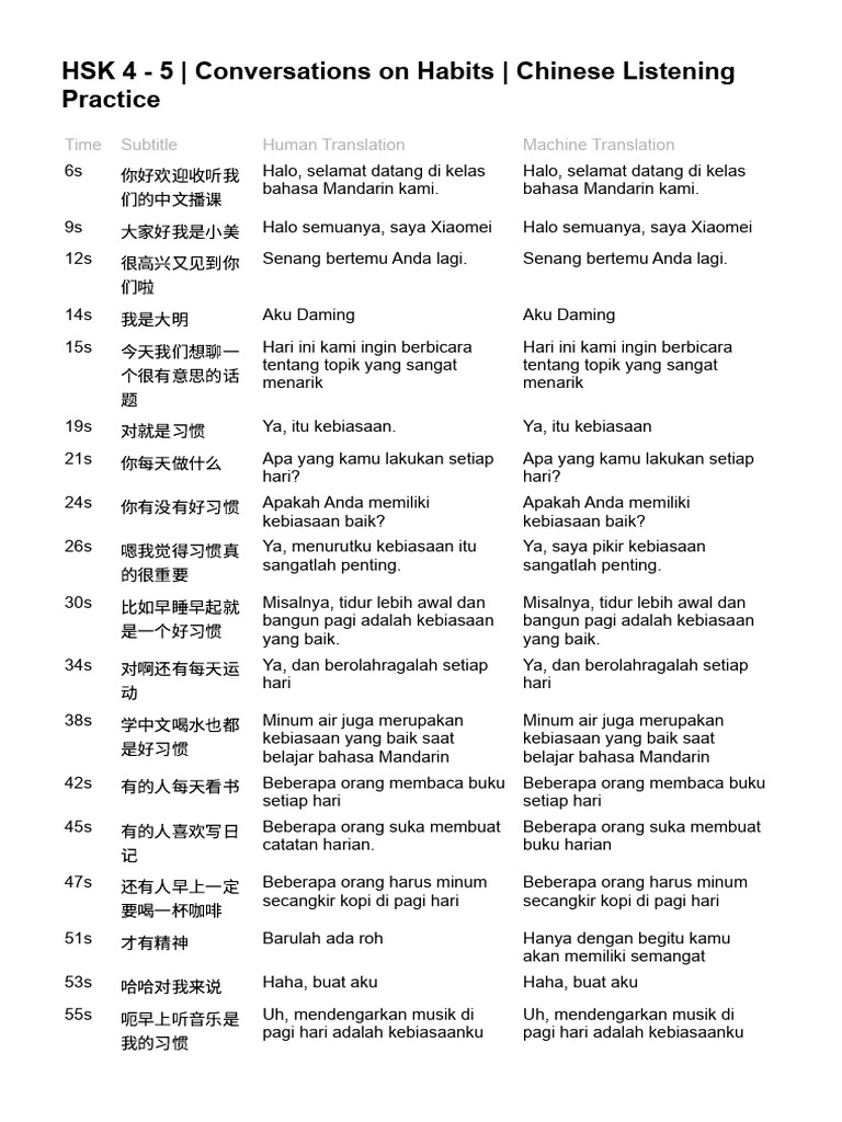 HSK 4 - 5 - Conversations On Habits - Chinese Listening Practice | PDF