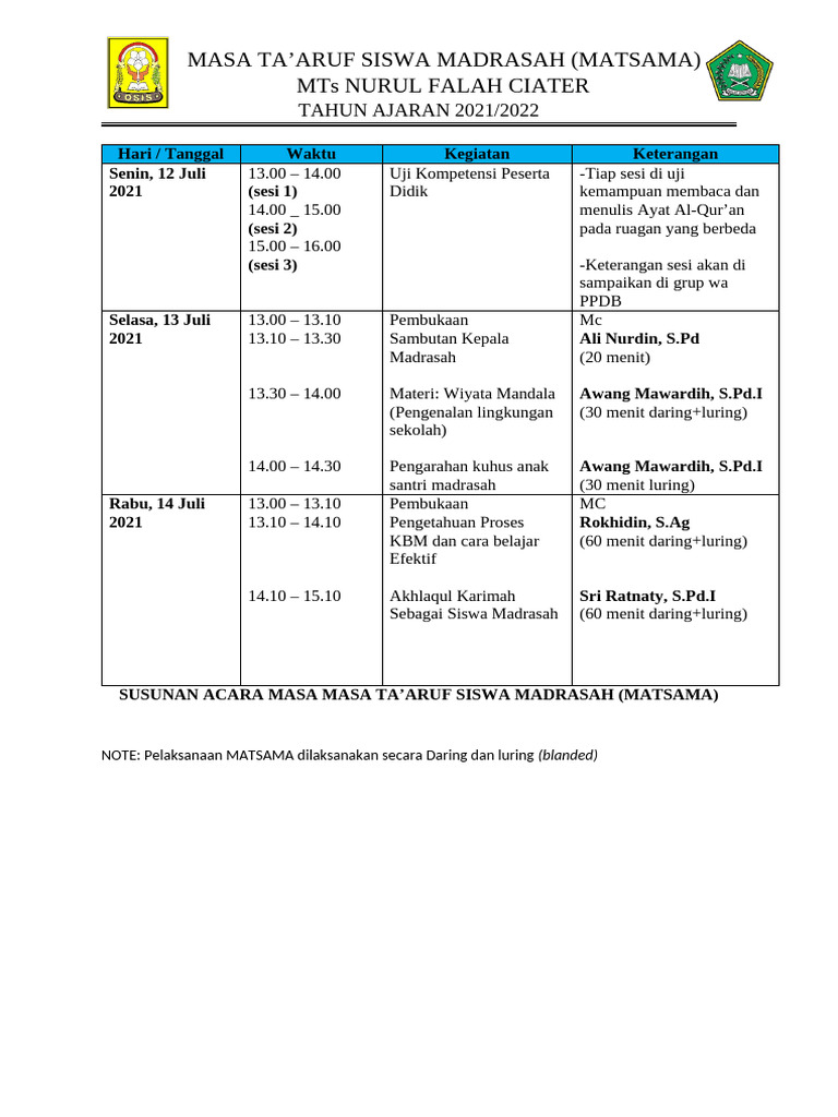 Jadwal MATSAMA MTs Nurul Falah 2021 | PDF
