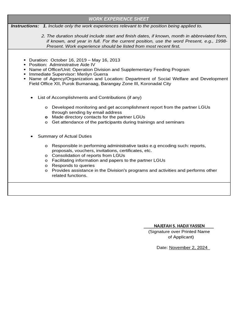 Work Experience Sheet for Administrative Aide | PDF