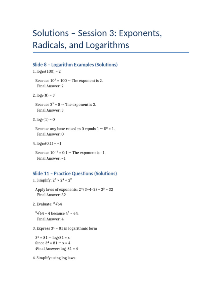 Session3 Logarithm Practice Solutions | PDF