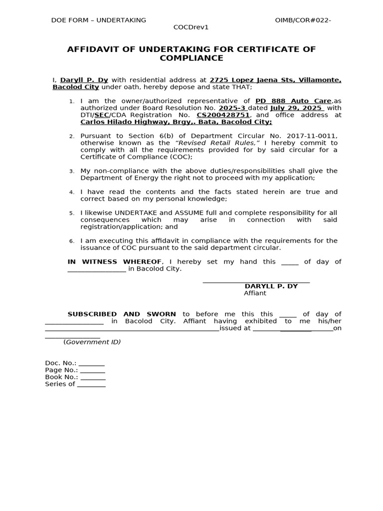 CB-COC Undertaking Form | PDF