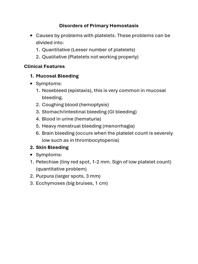 Primary and Secondary Hemostasis Disorders | PDF | Platelet | Medical ...