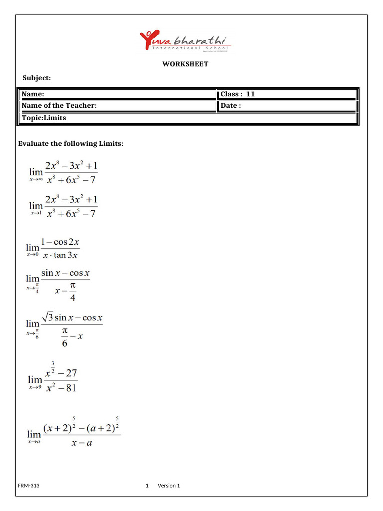 Limits Evaluation Worksheet for Class 11 | PDF