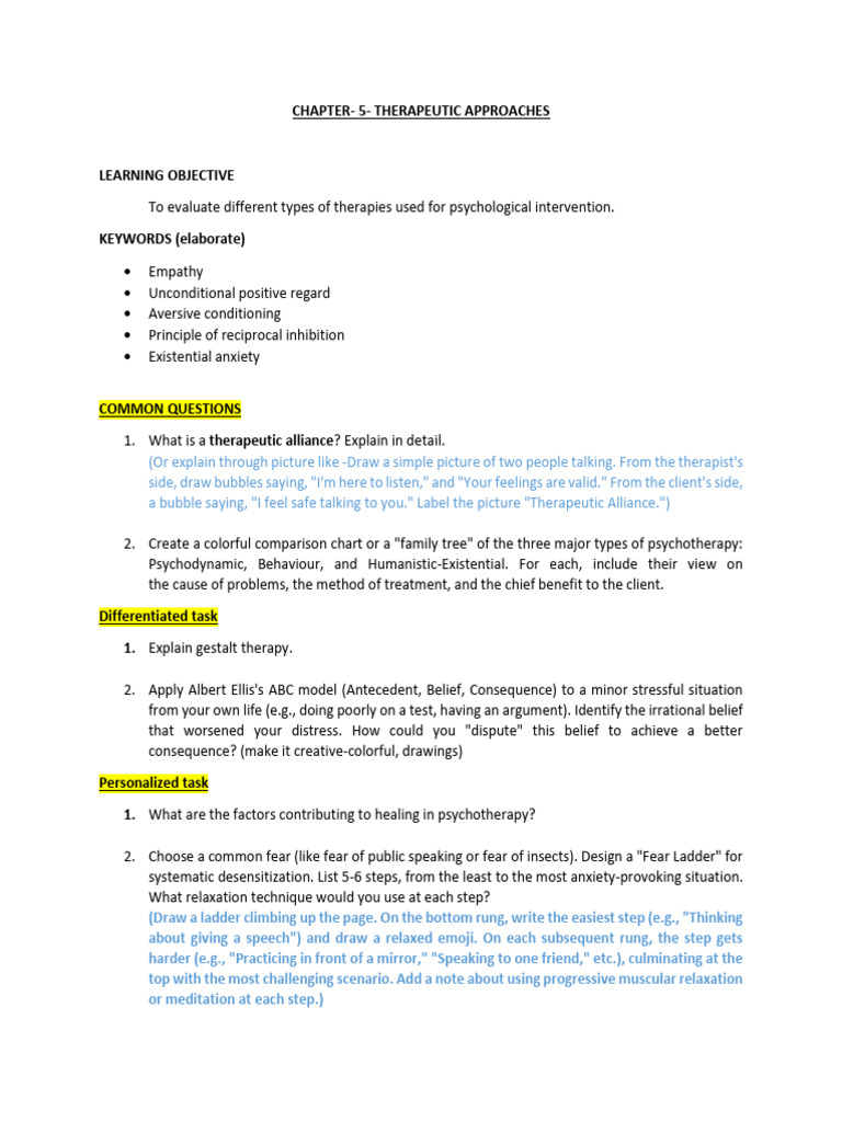 Chapter-5 Therapeutic Approaches Notebook Work | PDF | Psychotherapy ...